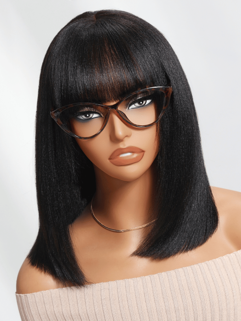 UNice 2x4 Lace Closure Yaki Straight Bob Wig with Chinese Bangs