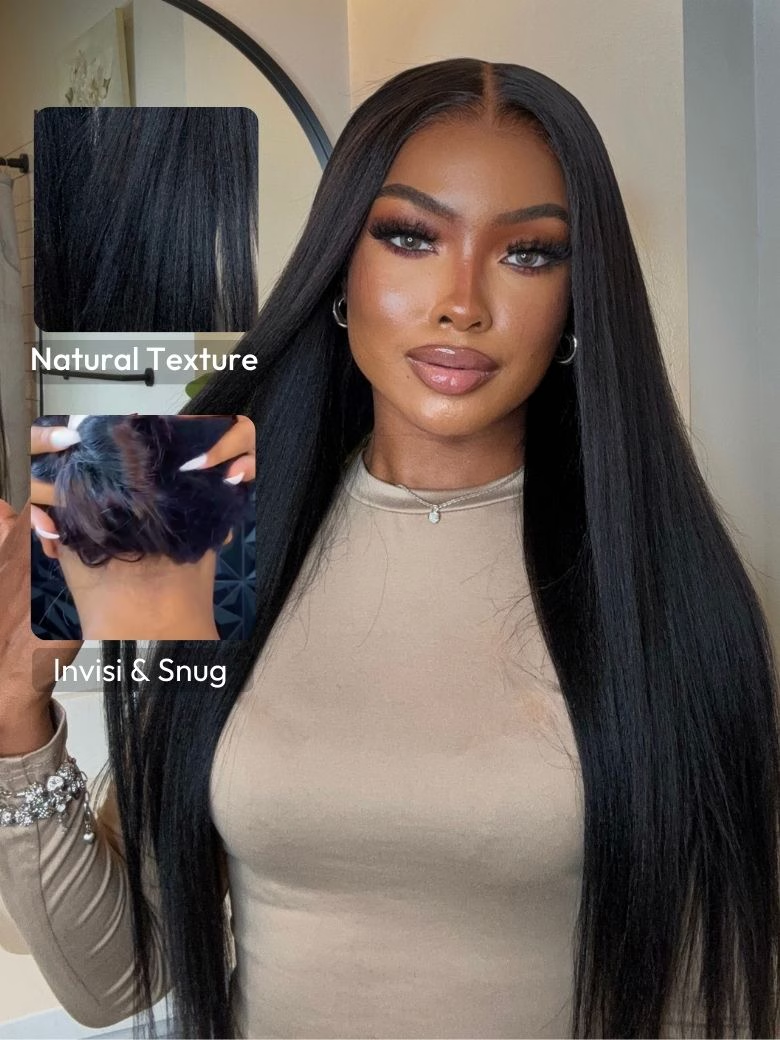 UNice Lace Closure Yaki Straight Human Hair Wig with Drawstring