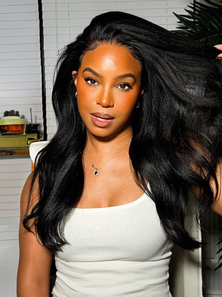 UNice Lace Closure Yaki Straight Human Hair Wig with Drawstring