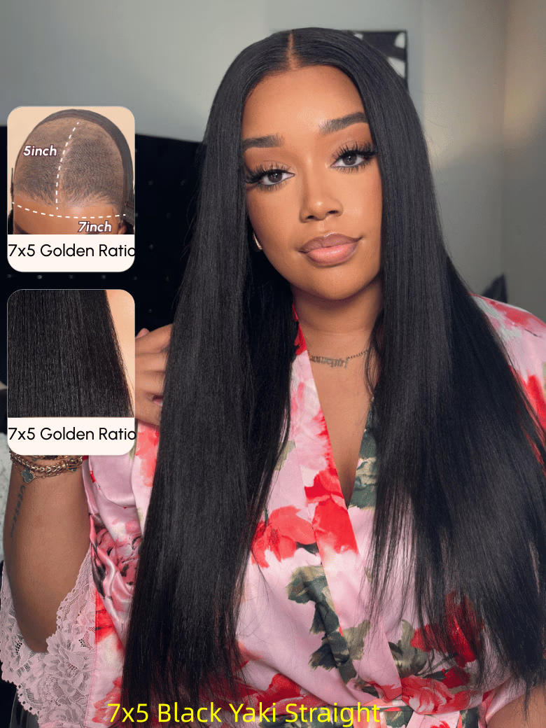 UNice Lace Closure Yaki Straight Human Hair Wig with Drawstring